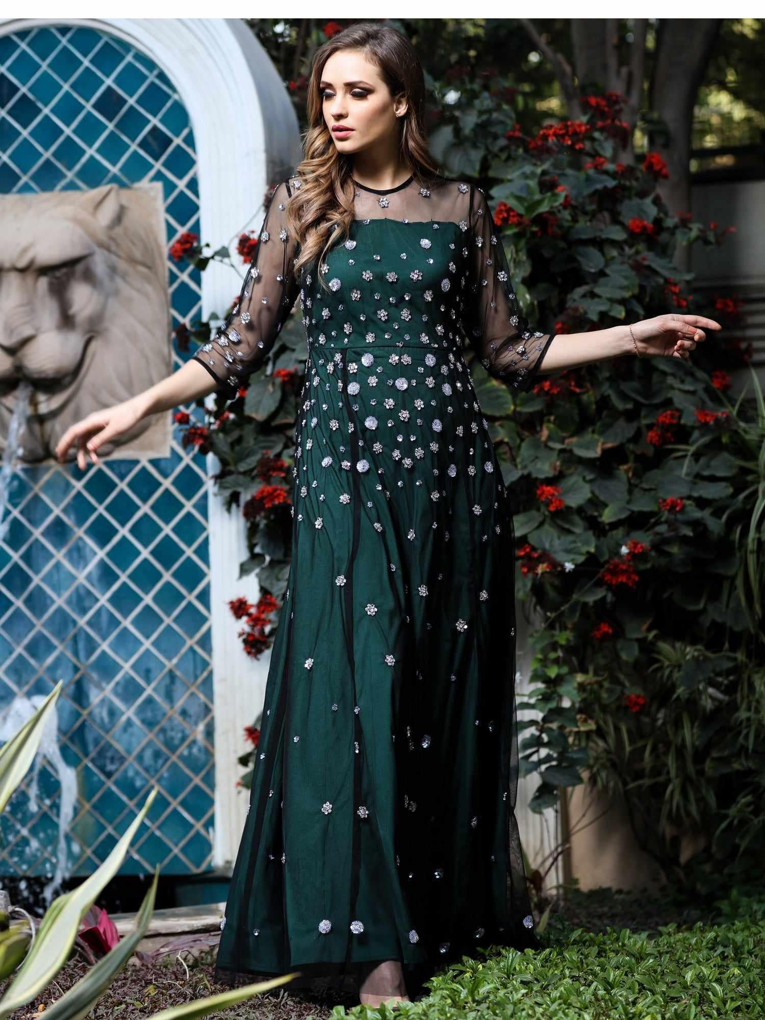 Attic Salt Beaded Tulle Gown With Green Lining