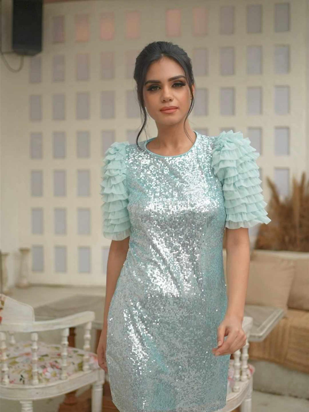 Blue Dramatic Sleeve Ruffle Dress