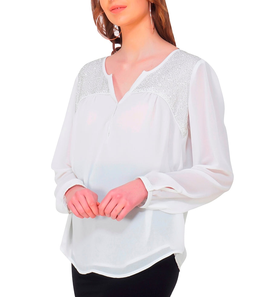 Attic Salt White Top with Beaded Front Yokes