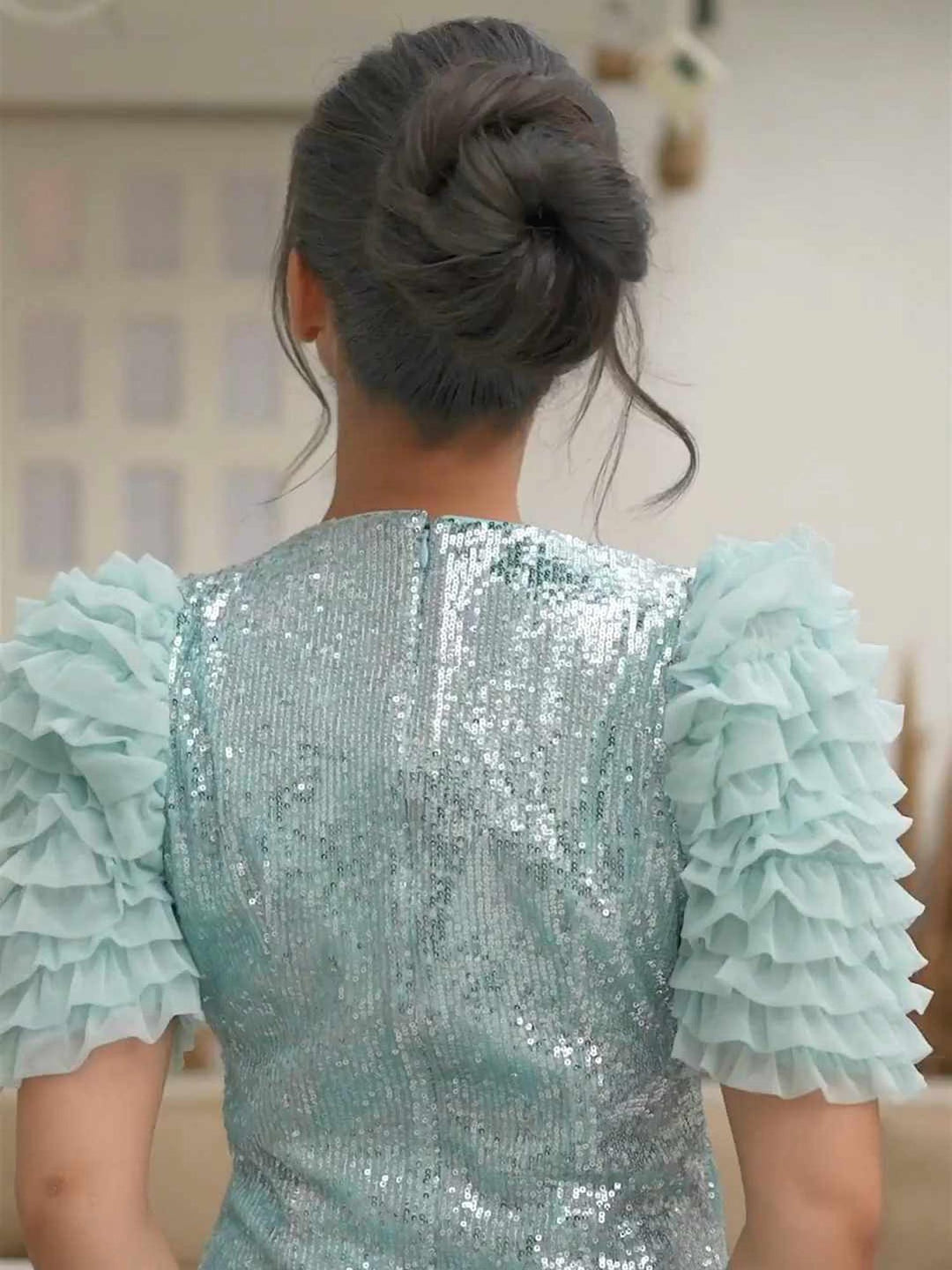 Blue Dramatic Sleeve Ruffle Dress