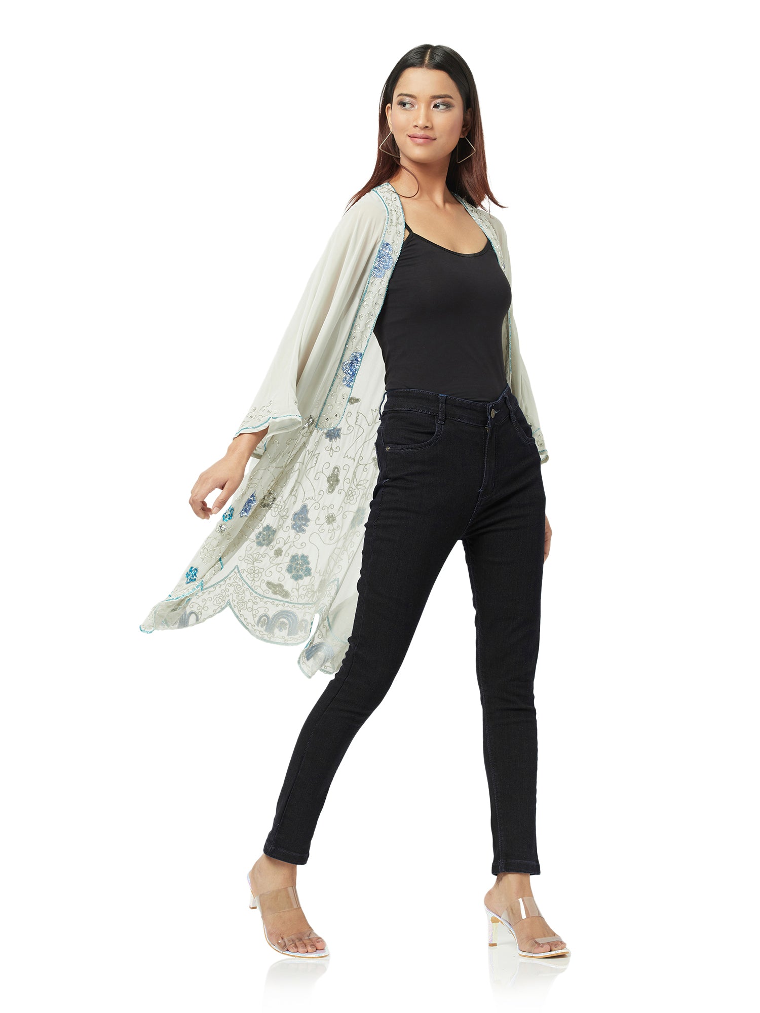 Grey Shrug With Contrast Embroidery